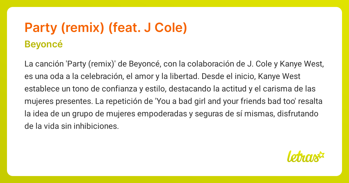 Significado de la canción PARTY (REMIX) (FEAT. J COLE) (Beyoncé ...