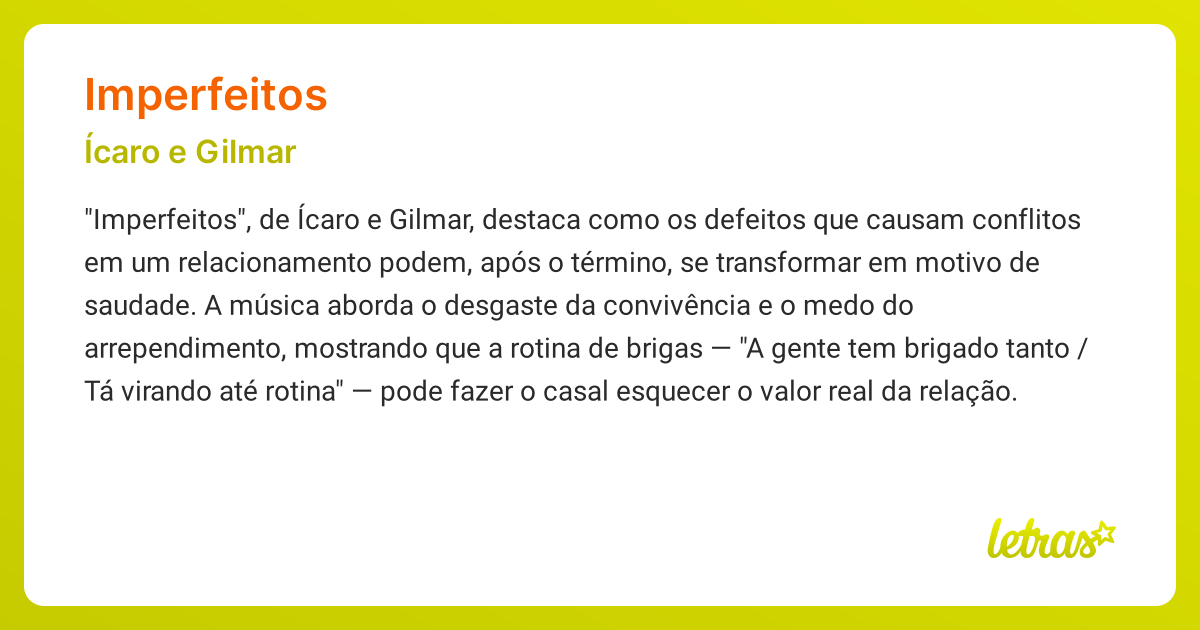 Significado da música IMPERFEITOS (Ícaro & Gilmar) - LETRAS.MUS.BR