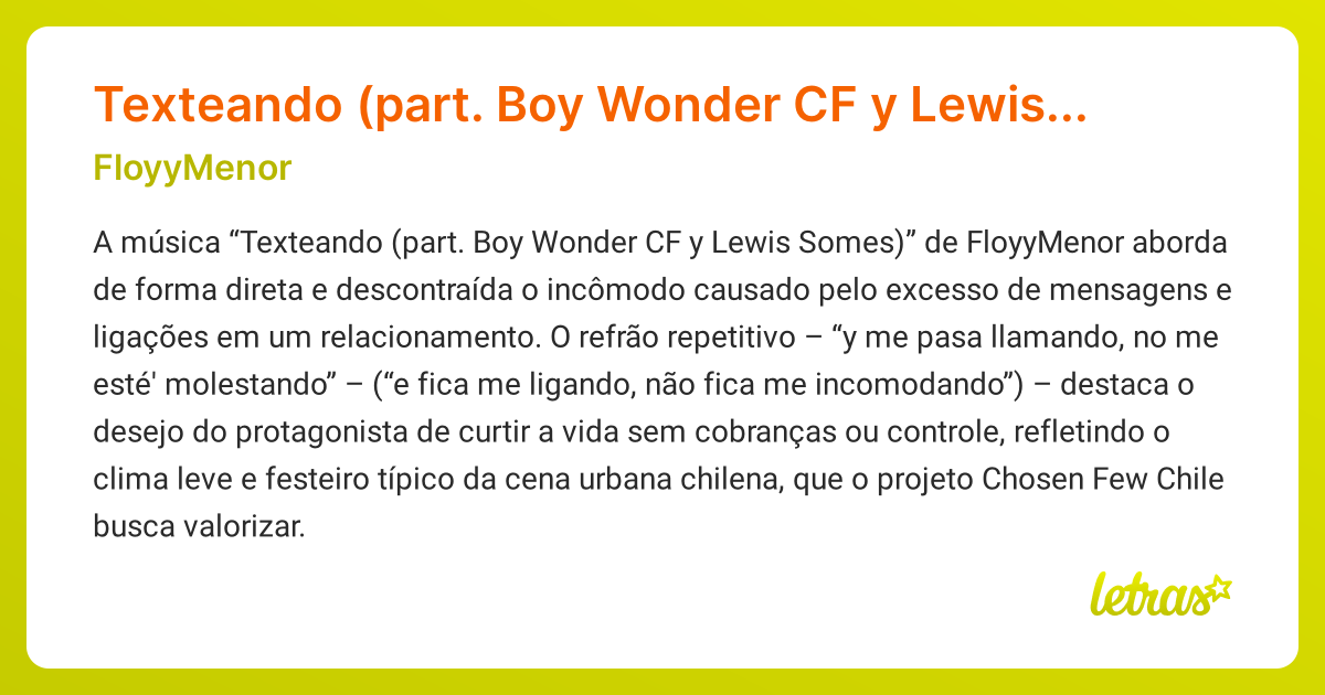 Significado da música Texteando (part. Boy Wonder CF y Lewis Somes ...