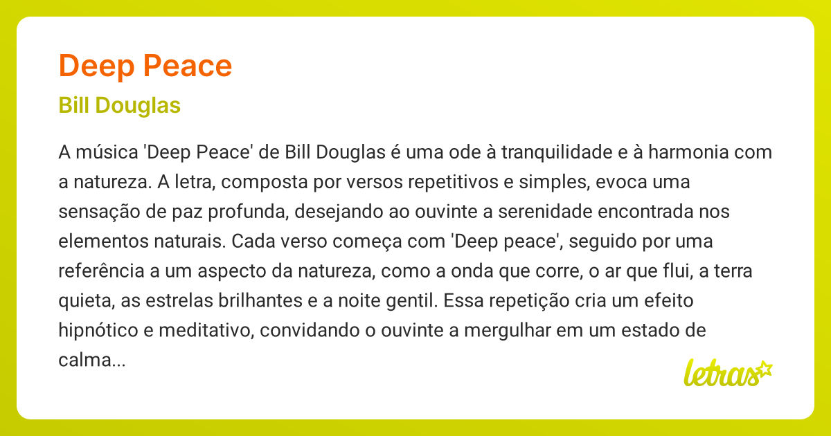 Significado da música DEEP PEACE (Bill Douglas) - LETRAS.MUS.BR