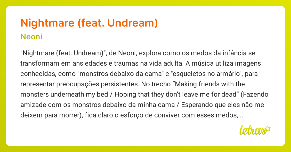 Significado da música NIGHTMARE (FEAT. UNDREAM) (Neoni) - LETRAS.MUS.BR