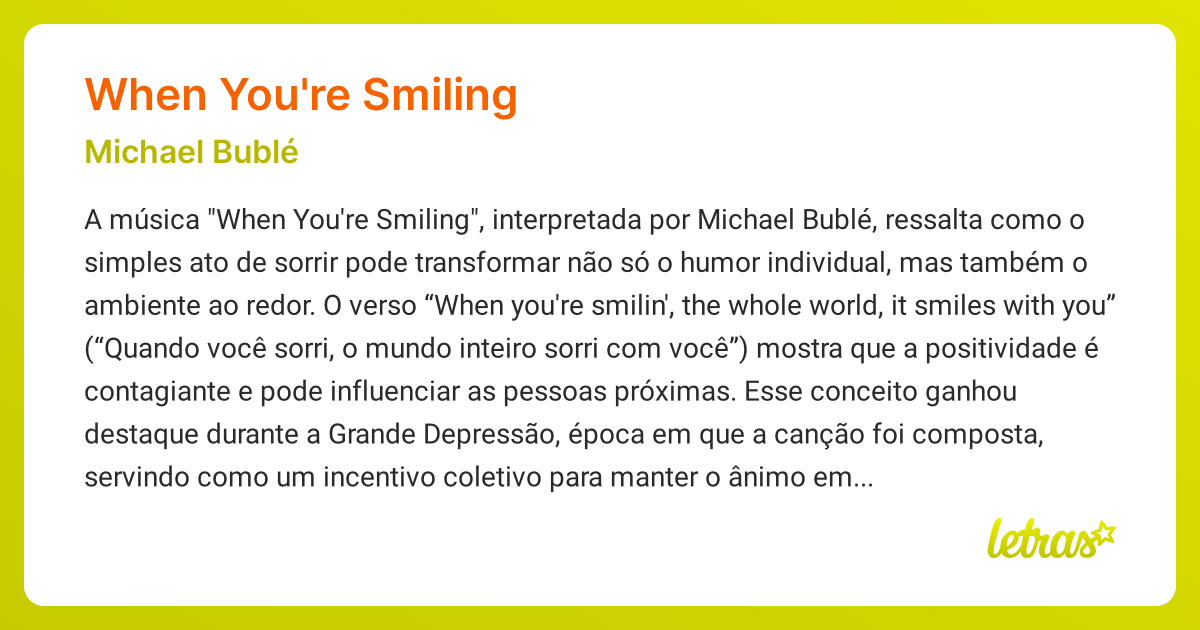 Significado da música WHEN YOU'RE SMILING (Michael Bublé) - LETRAS.MUS.BR
