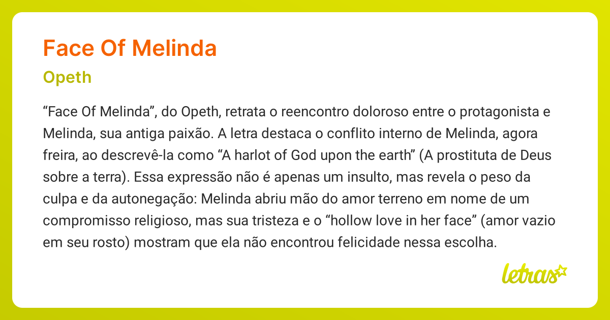 Significado da música FACE OF MELINDA (Opeth) - LETRAS.MUS.BR