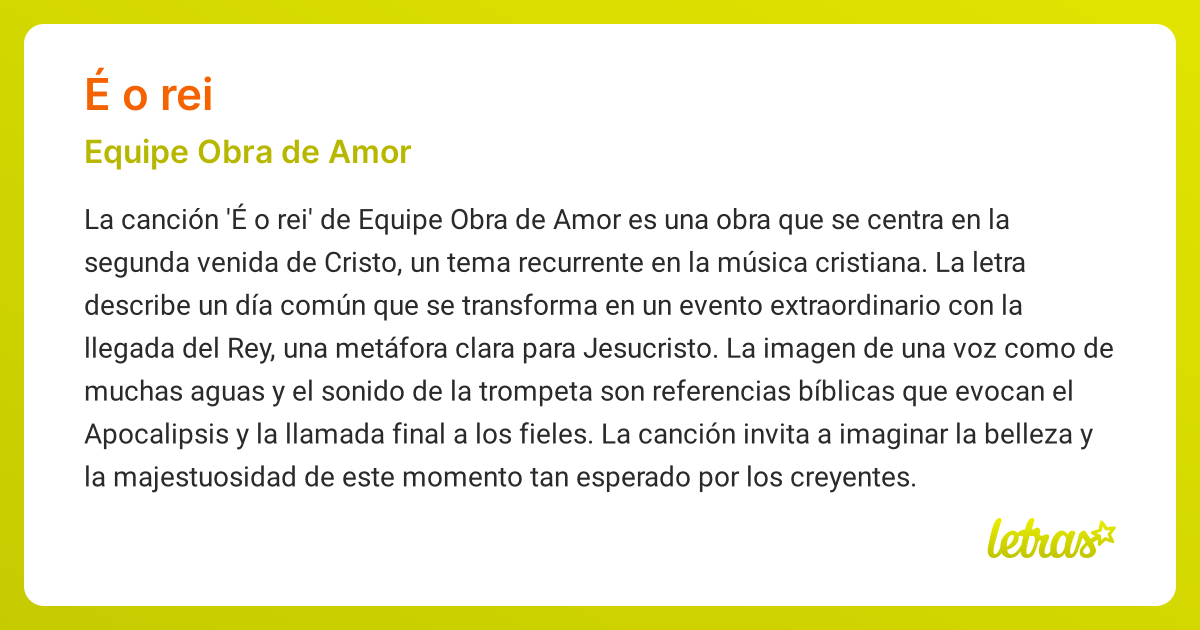 Significado de la canción É O REI (Equipe Obra de Amor) - LETRAS.COM