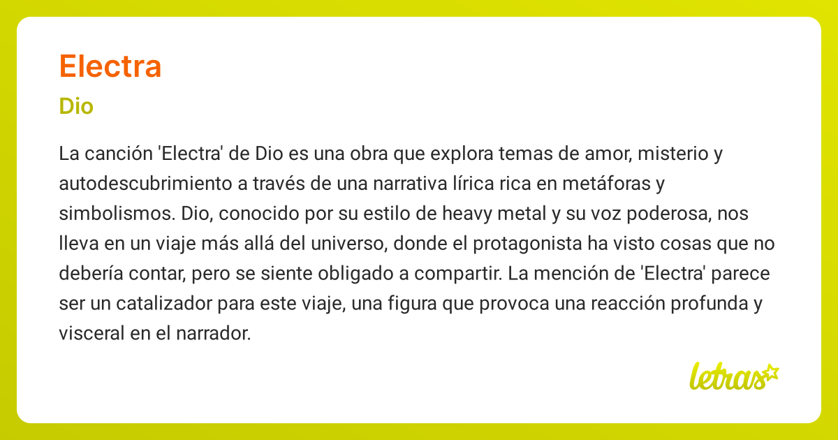 Significado de la canción ELECTRA (Dio) - LETRAS.COM