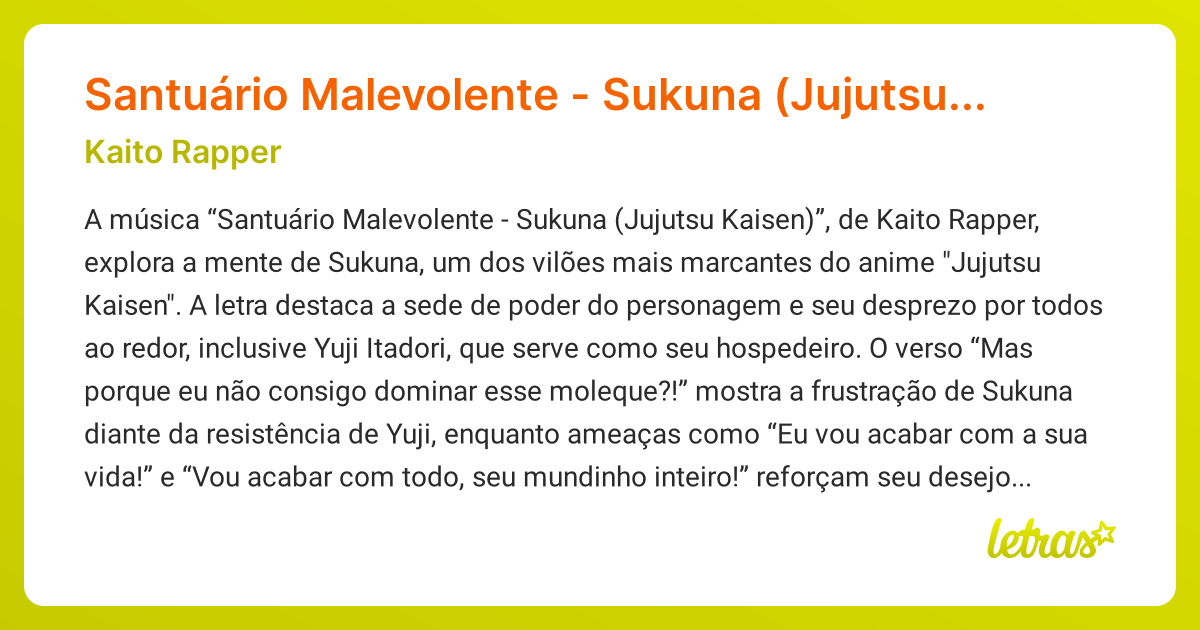 Significado da música Santuário Malevolente - Sukuna (Jujutsu Kaisen ...