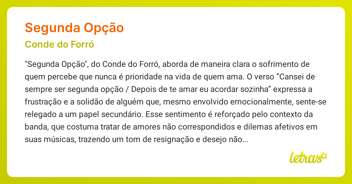 Significado da música SEGUNDA OPÇÃO (Conde do Forró) - LETRAS.MUS.BR