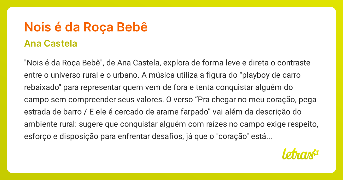 Significado da música NOIS É DA ROÇA BEBÊ (Ana Castela) - LETRAS.MUS.BR