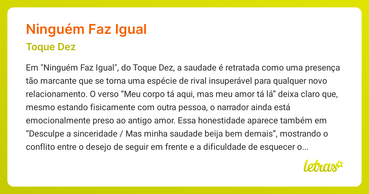 Significado da música NINGUÉM FAZ IGUAL (Toque Dez) - LETRAS.MUS.BR