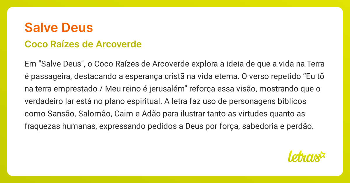 Significado da música SALVE DEUS (Coco Raízes de Arcoverde) - LETRAS.MUS.BR
