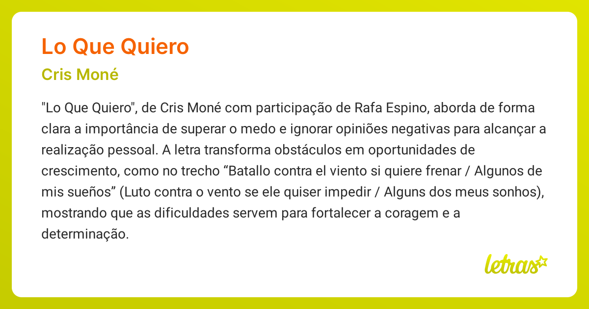 Significado da música LO QUE QUIERO (Cris Moné) - LETRAS.MUS.BR