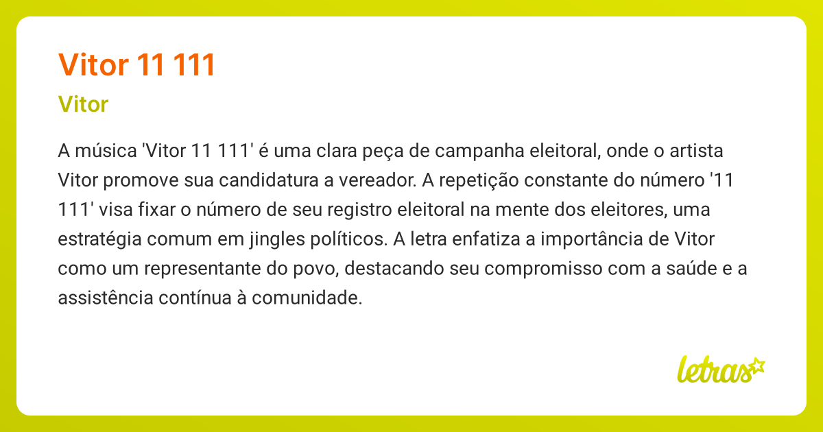 Significado da música VITOR 11 111 (Vitor) - LETRAS.MUS.BR