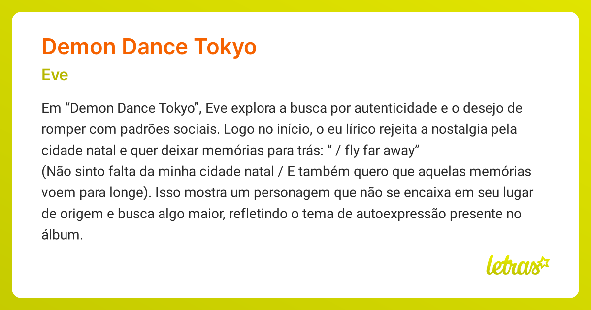 Significado da música DEMON DANCE TOKYO (Eve) - LETRAS.MUS.BR