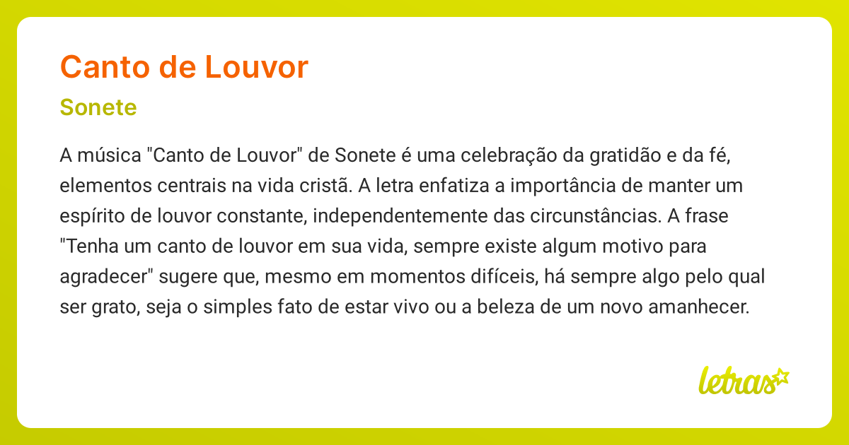 Significado da música CANTO DE LOUVOR (Sonete) - LETRAS.MUS.BR