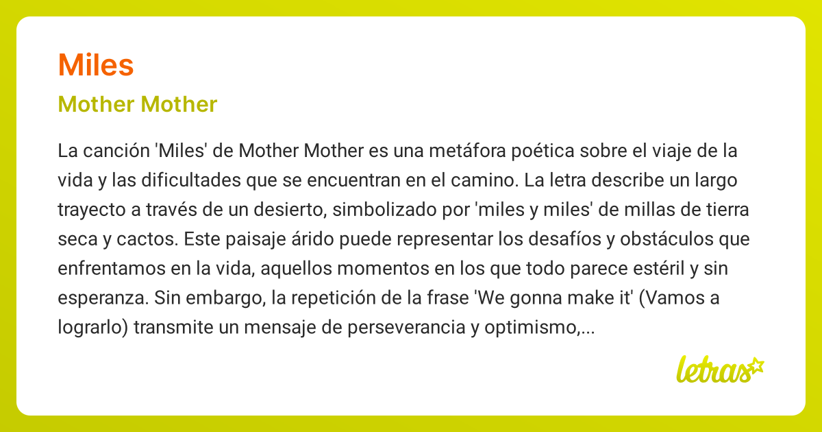Significado de la canción MILES (Mother Mother) - LETRAS.COM
