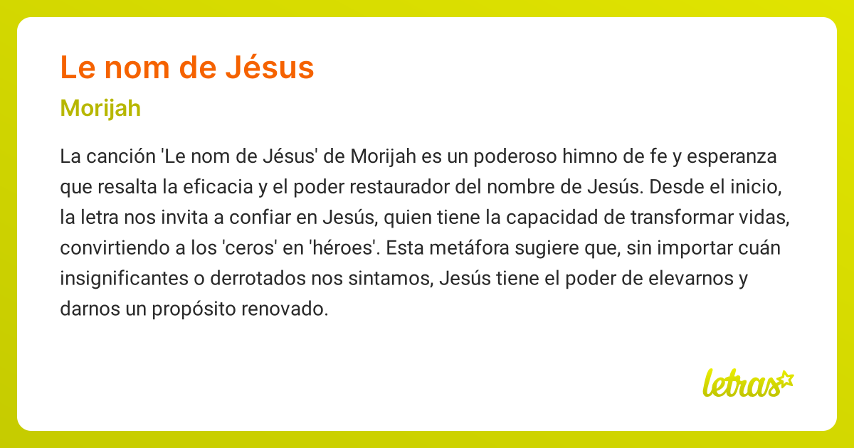 Significado de la canción LE NOM DE JÉSUS (Morijah) - LETRAS.COM