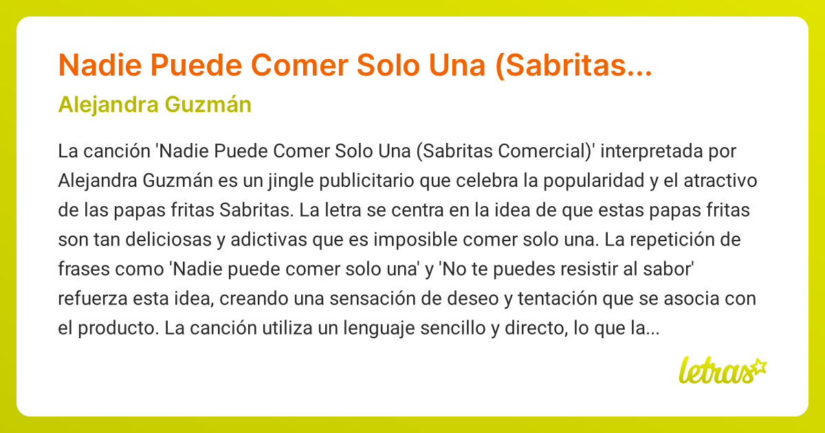 Significado de la canción Nadie Puede Comer Solo Una (Sabritas ...