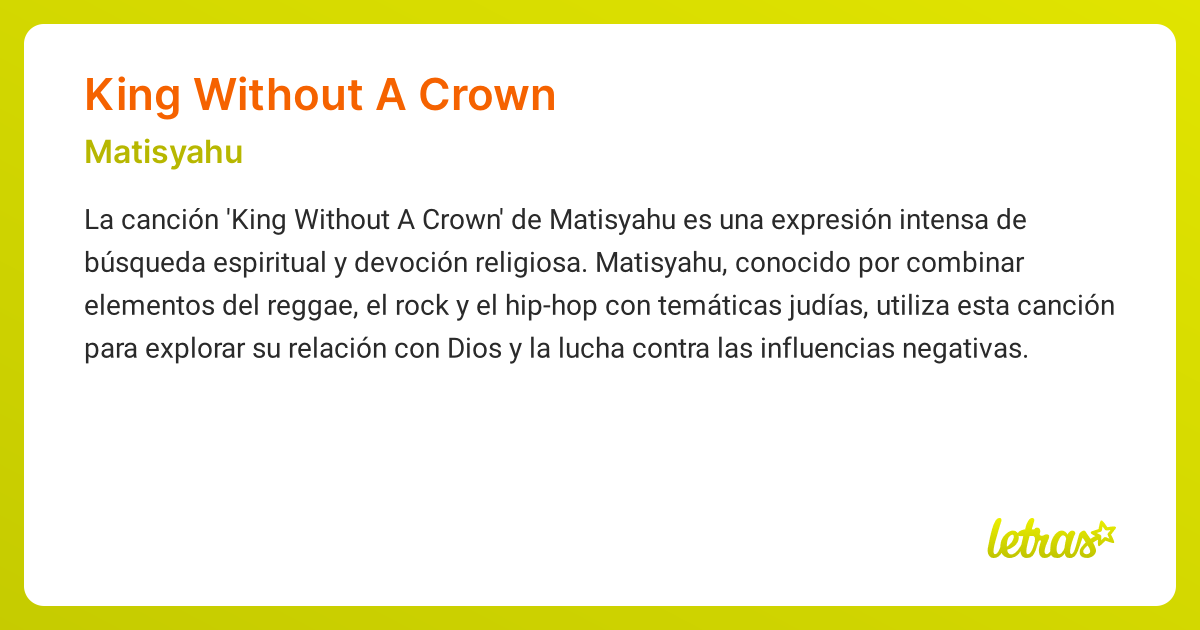 Significado de la canción KING WITHOUT A CROWN (Matisyahu) - LETRAS.COM