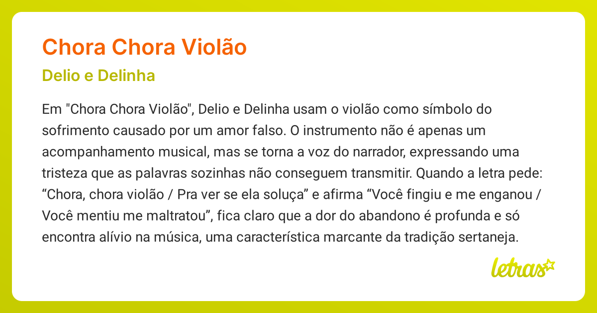 Significado da música CHORA CHORA VIOLÃO (Delio e Delinha) - LETRAS.MUS.BR
