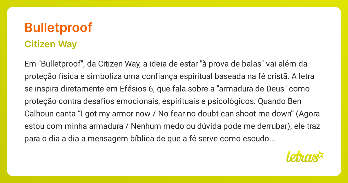 Significado da música BULLETPROOF (Citizen Way) - LETRAS.MUS.BR