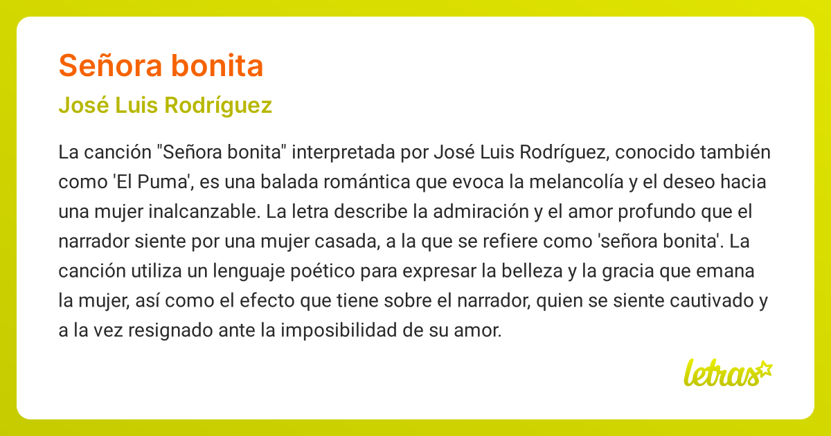 Significado de la canción SEÑORA BONITA (José Luis Rodríguez) - LETRAS.COM