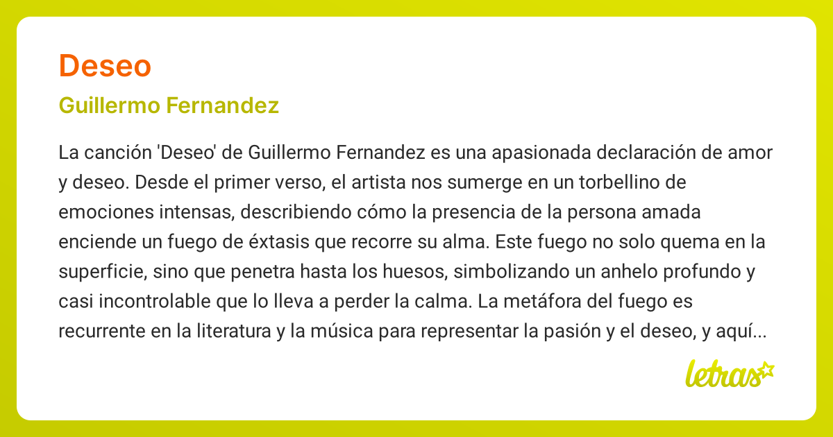 Significado de la canción DESEO (Guillermo Fernandez) - LETRAS.COM