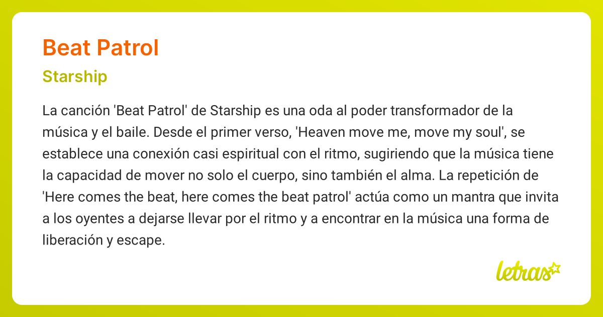 Significado de la canción BEAT PATROL (Starship) - LETRAS.COM