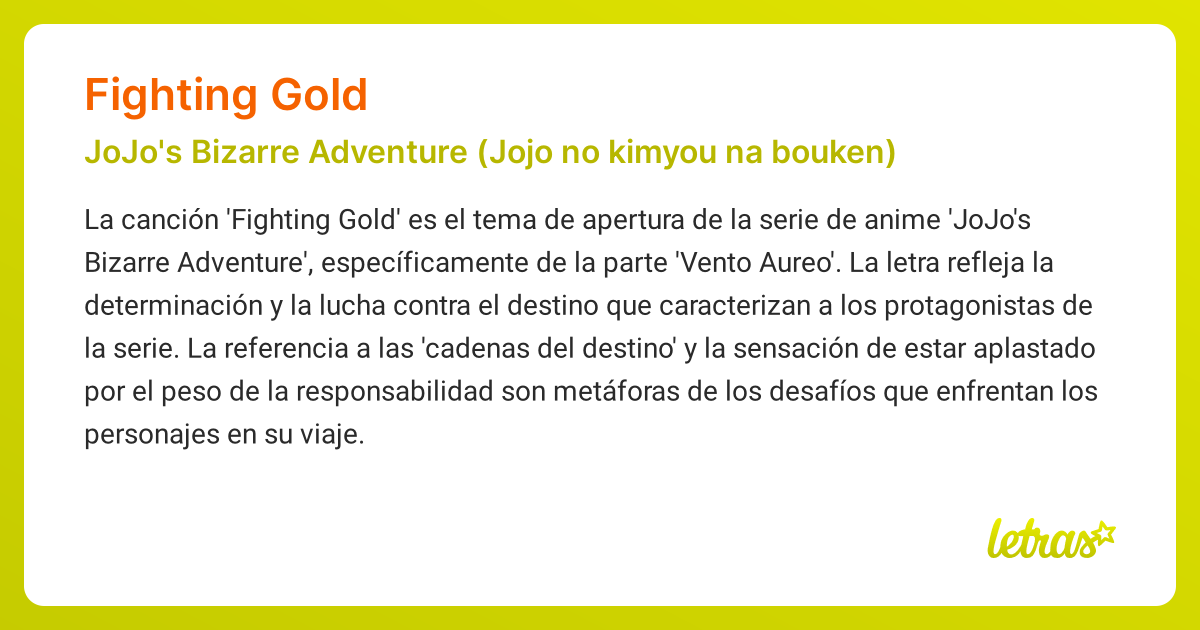 Significado de la canción FIGHTING GOLD (JoJo's Bizarre Adventure (Jojo no kimyou na bouken ...