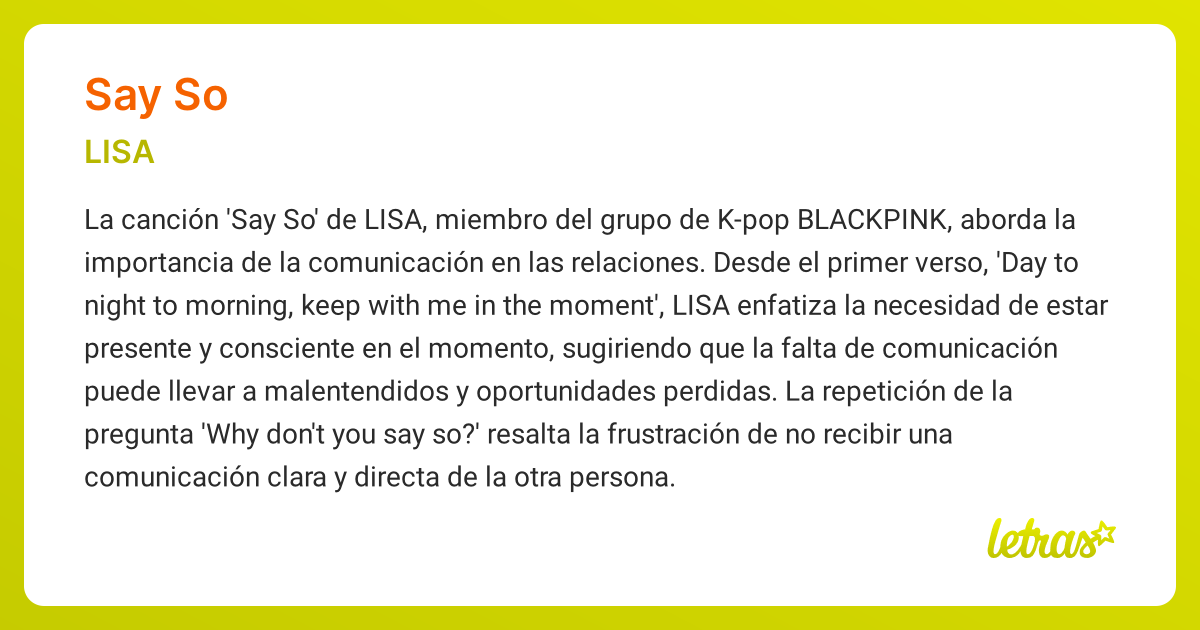 Significado de la canción SAY SO (LISA) - LETRAS.COM