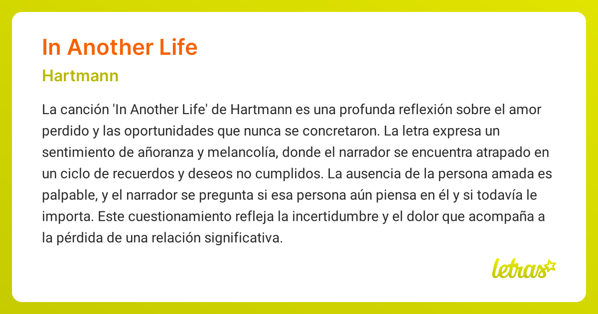 Significado de la canción IN ANOTHER LIFE (Hartmann) - LETRAS.COM