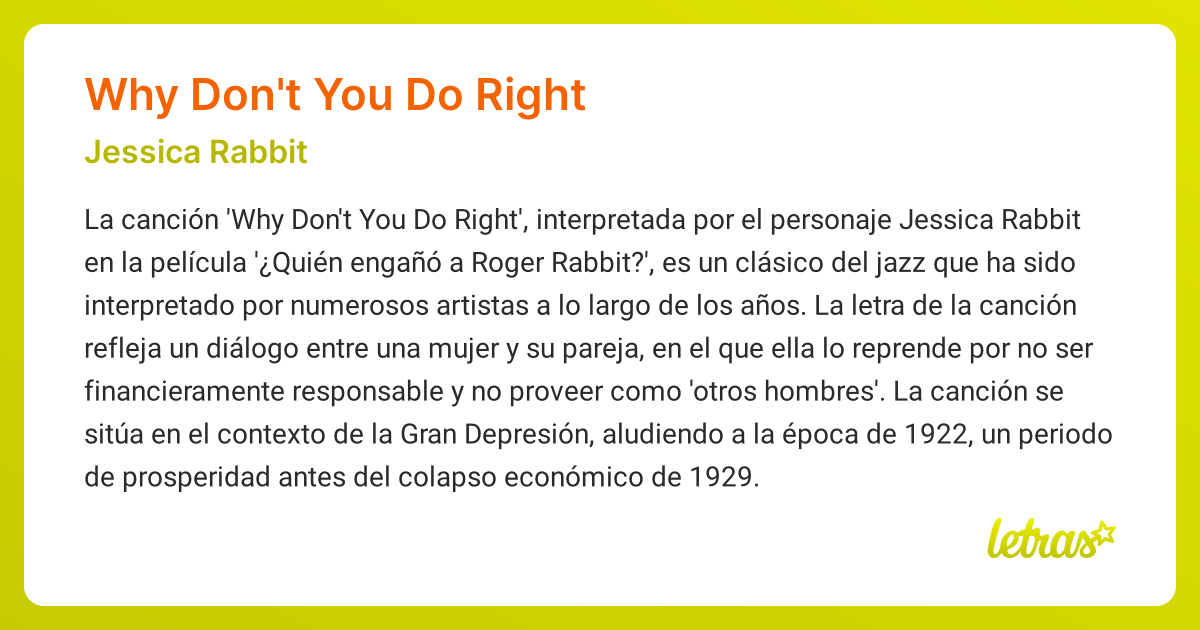Significado de la canción WHY DON'T YOU DO RIGHT (Jessica Rabbit ...