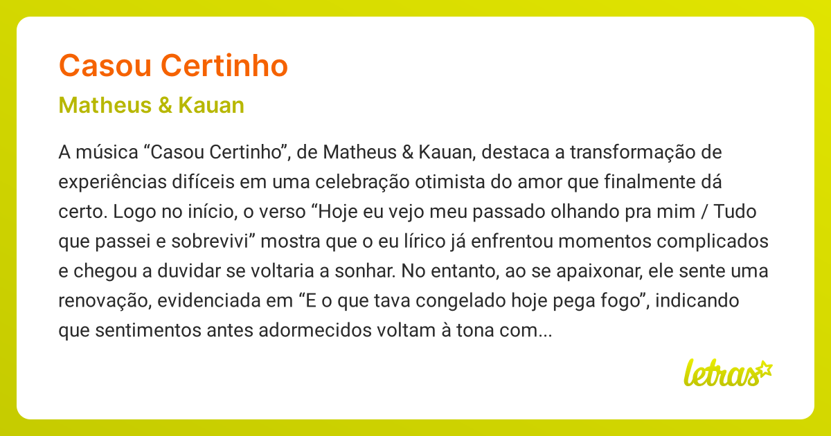 Significado da música CASOU CERTINHO (Matheus & Kauan) - LETRAS.MUS.BR