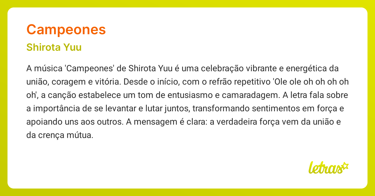 Significado da música CAMPEONES (Shirota Yuu) - LETRAS.MUS.BR