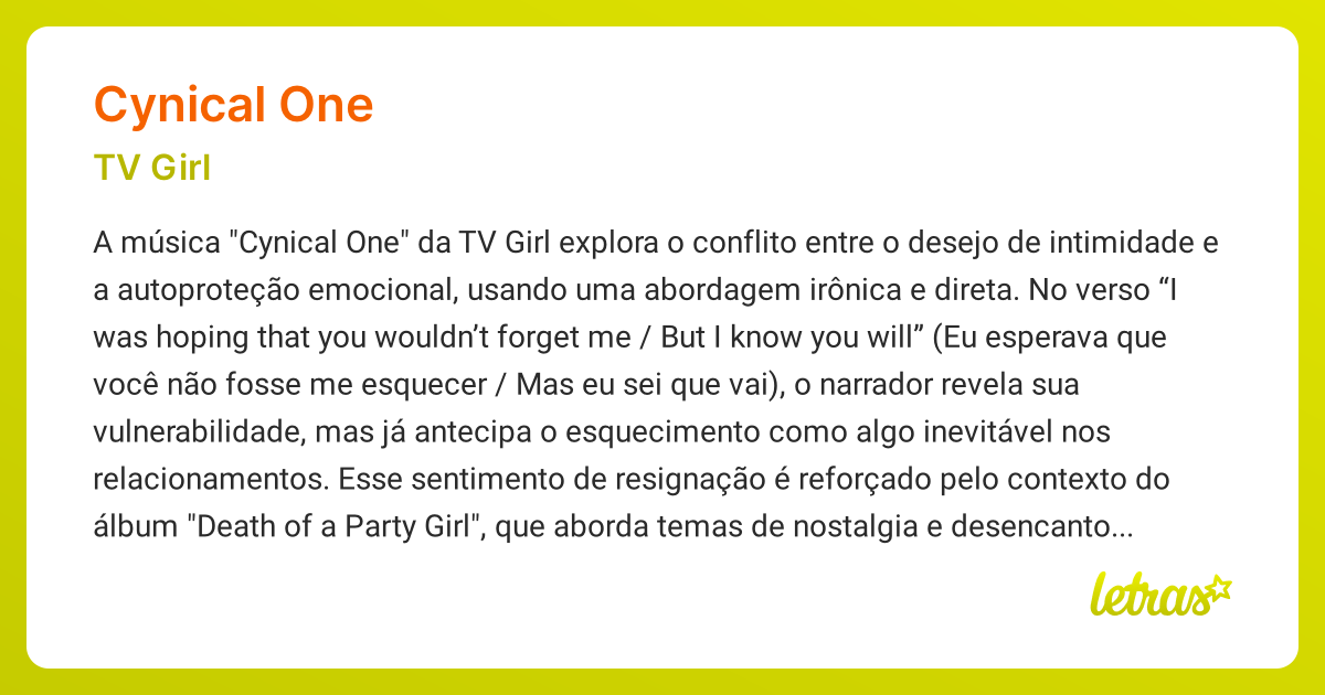 Significado da música CYNICAL ONE (TV Girl) - LETRAS.MUS.BR