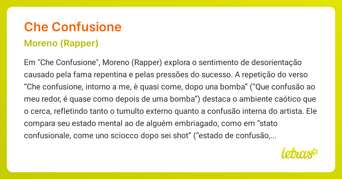 Significado da música CHE CONFUSIONE (Moreno (Rapper)) - LETRAS.MUS.BR