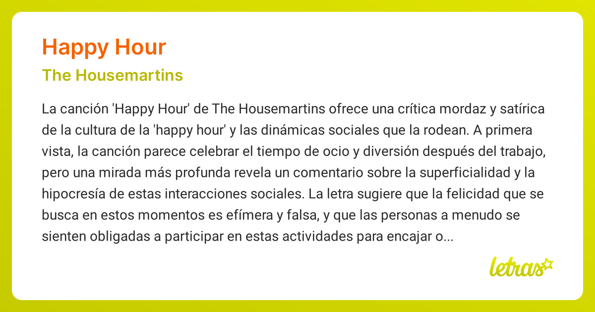 Significado de la canción HAPPY HOUR (The Housemartins) - LETRAS.COM