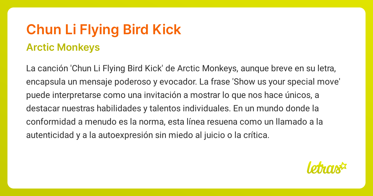 Significado de la canción CHUN LI FLYING BIRD KICK (Arctic Monkeys ...