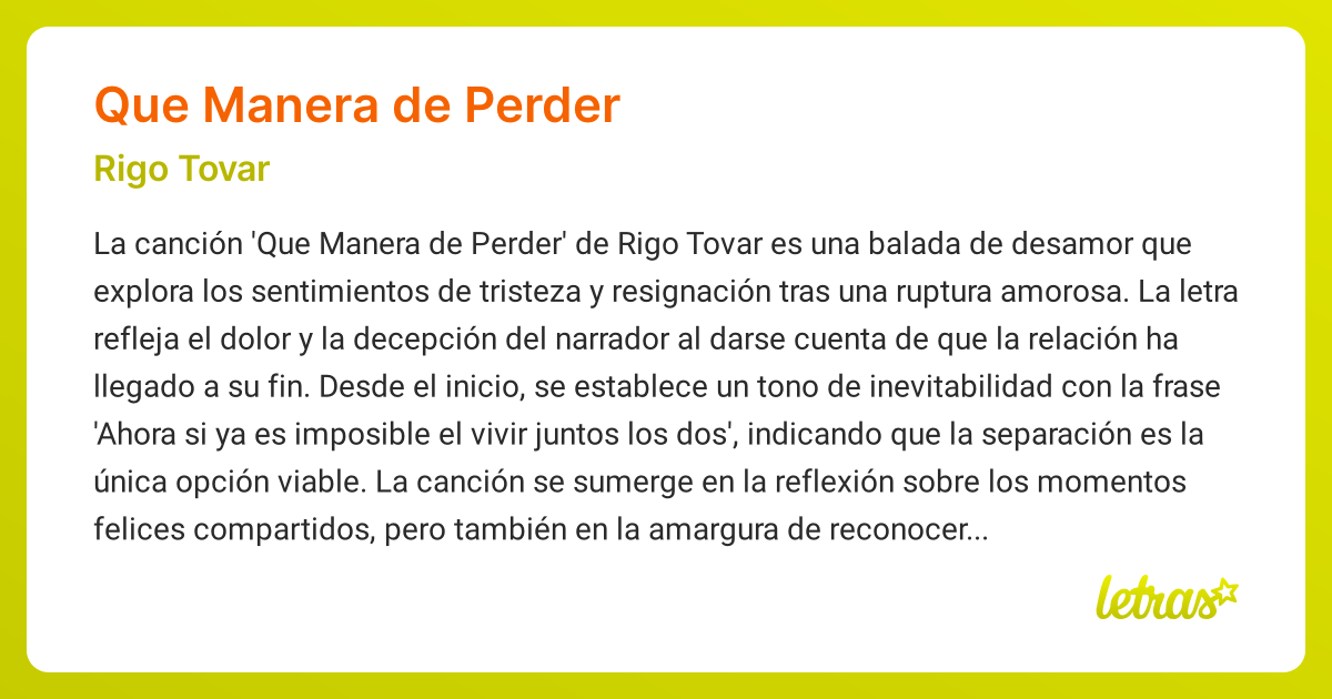 Significado de la canción QUE MANERA DE PERDER (Rigo Tovar) - LETRAS.COM