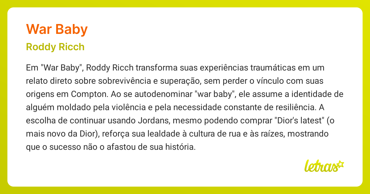 Significado da música WAR BABY (Roddy Ricch) - LETRAS.MUS.BR