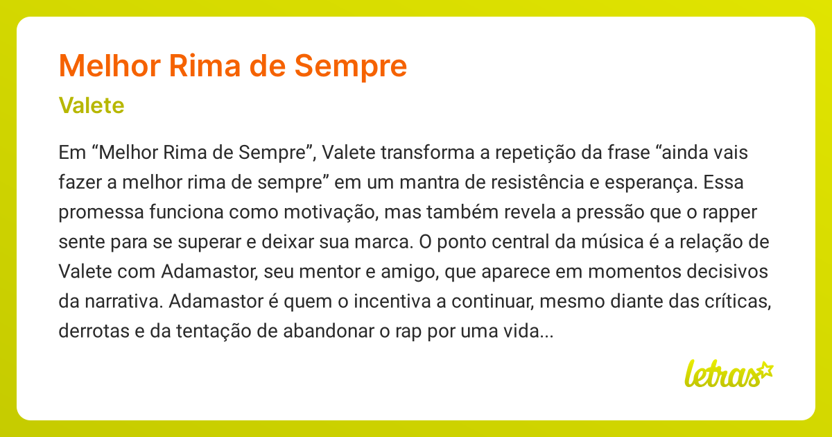 Significado da música MELHOR RIMA DE SEMPRE (Valete) - LETRAS.MUS.BR