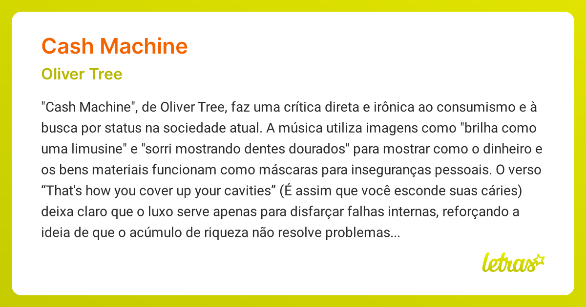 Significado da música CASH MACHINE (Oliver Tree) - LETRAS.MUS.BR