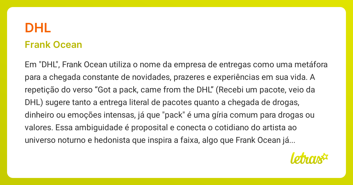 Significado da música DHL (Frank Ocean) - LETRAS.MUS.BR
