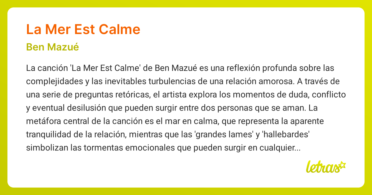 Significado de la canción LA MER EST CALME (Ben Mazué) - LETRAS.COM