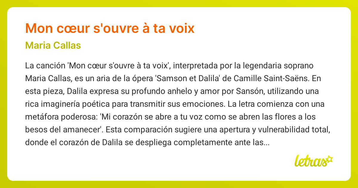 Significado de la canción MON CŒUR S'OUVRE À TA VOIX (Maria Callas ...