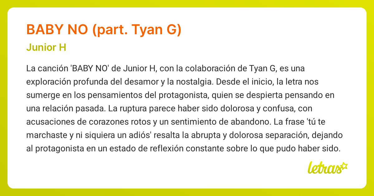 Significado de la canción BABY NO (PART. TYAN G) (Junior H) - LETRAS.COM