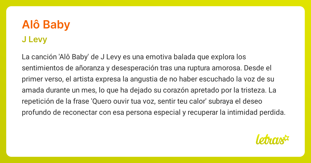 Significado de la canción ALÔ BABY (J Levy) - LETRAS.COM