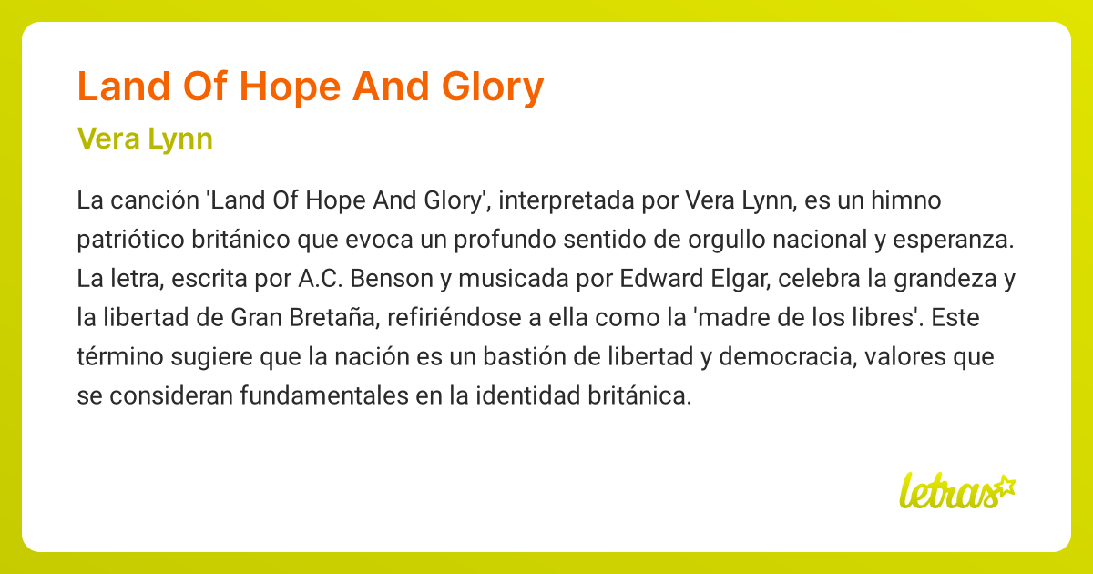 Significado de la canción LAND OF HOPE AND GLORY (Vera Lynn) - LETRAS.COM