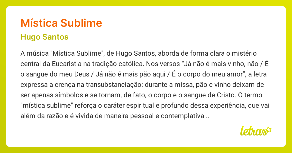 Significado da música MÍSTICA SUBLIME (Hugo Santos) - LETRAS.MUS.BR