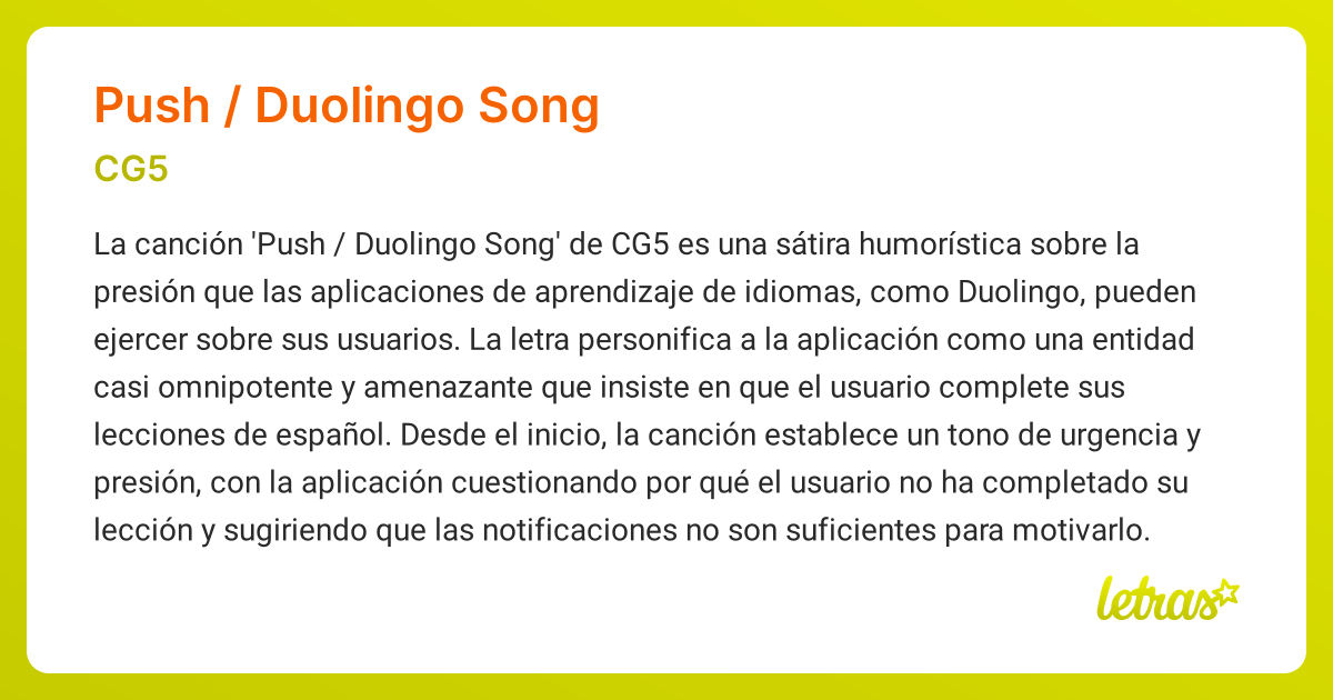 Significado de la canción PUSH / DUOLINGO SONG (CG5) - LETRAS.COM