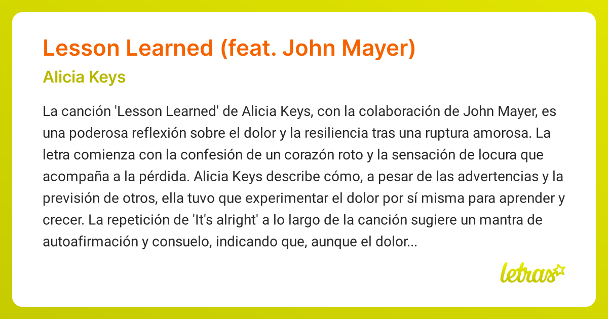 Significado de la canción Lesson Learned (feat. John Mayer) (Alicia ...